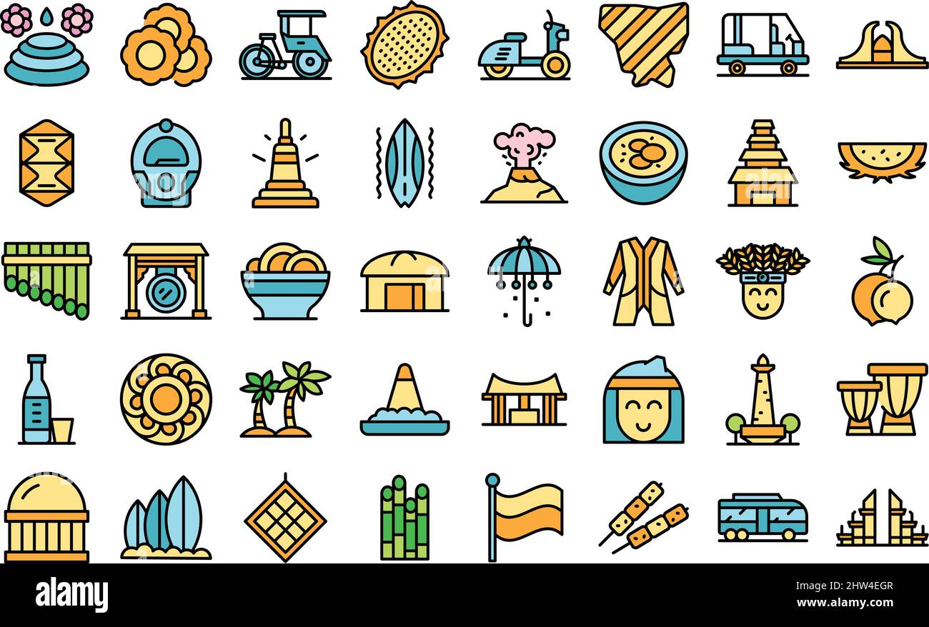 Jakarta icons set outline vector. Architecture building. Indonesia ...