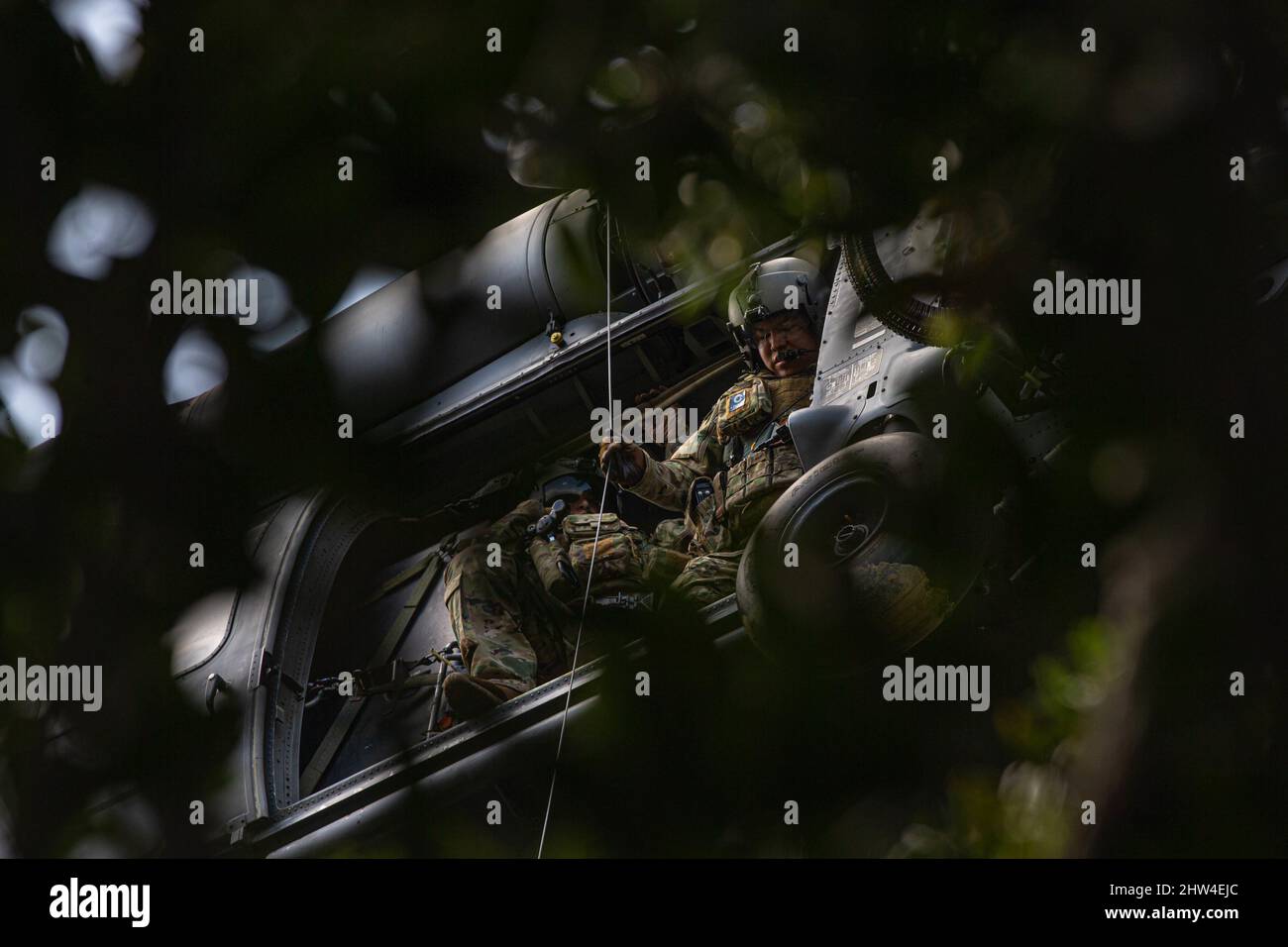 U.S. Airmen with 33rd Rescue Squadron utilize a jungle penetrator to ...