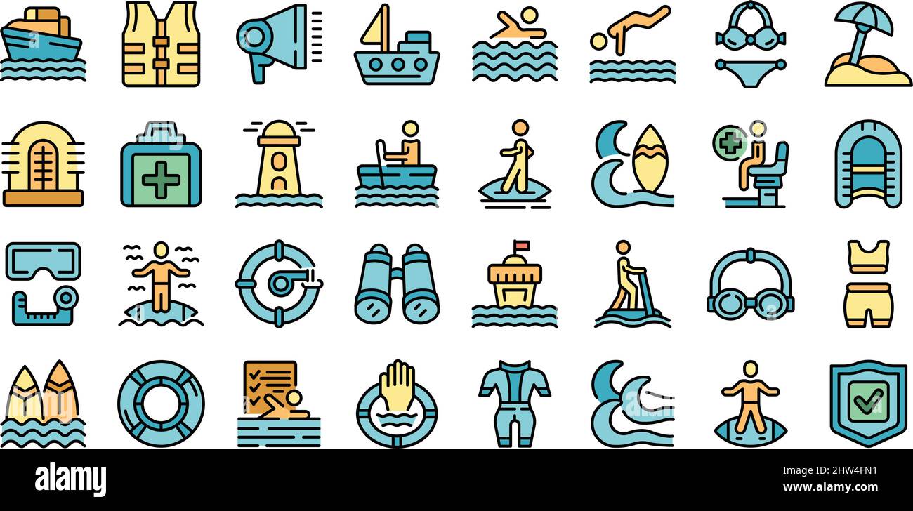 Water safety training icons set outline vector. Beach assistance. Float ...
