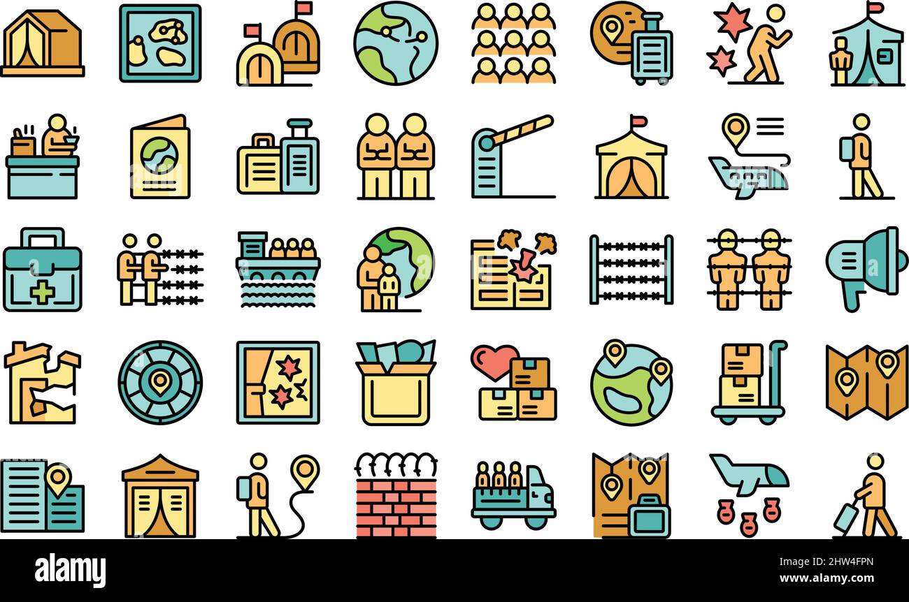 Asylum seeker icons set outline vector. Migration refugee. Abroad ...
