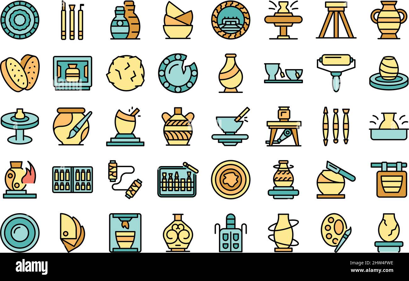 Pottery class icons set outline vector. Artist craft. People pot Stock ...