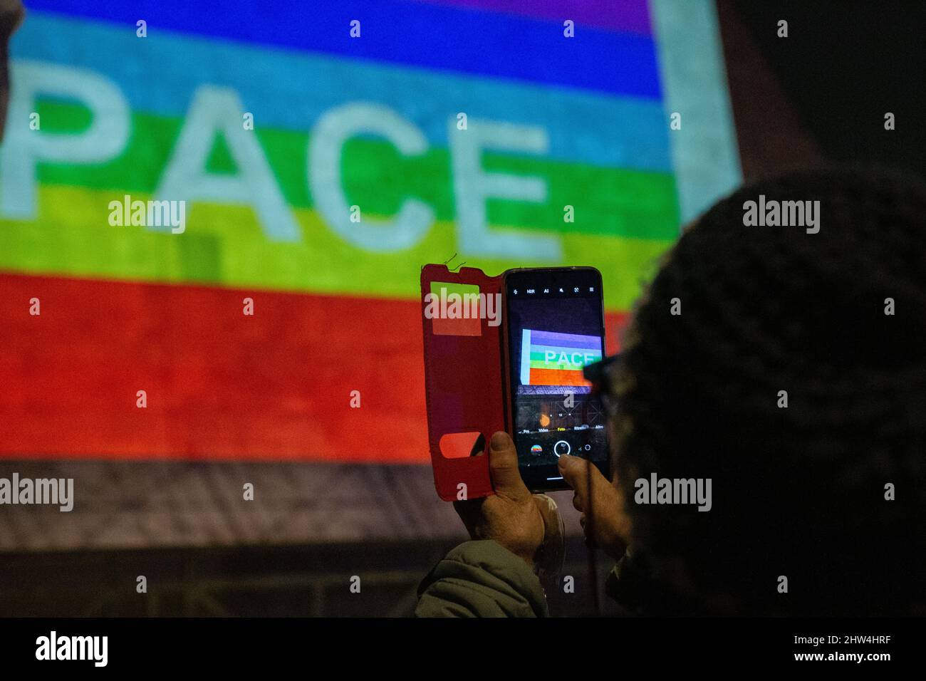 Luminous projection of the flag of peace on the Pyramid of Cestius in ...