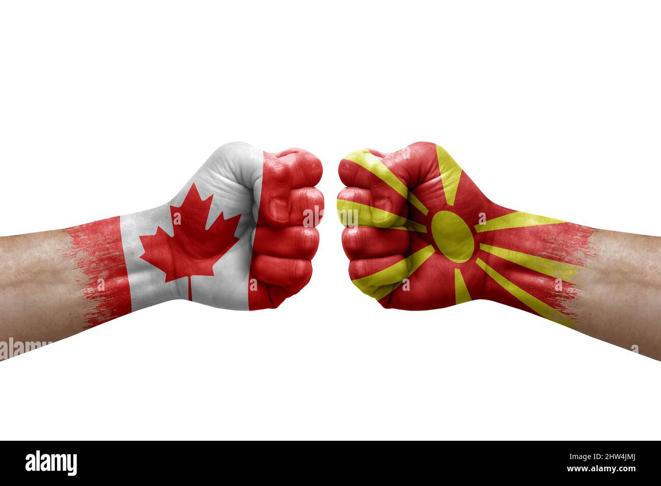 Two hands punch to each others on white background. Country flags ...