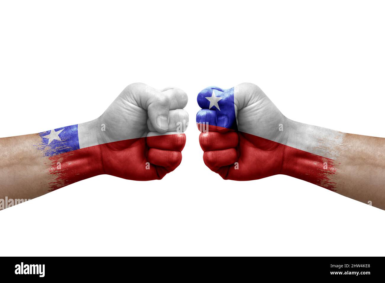 Two hands punch to each others on white background. Country flags ...