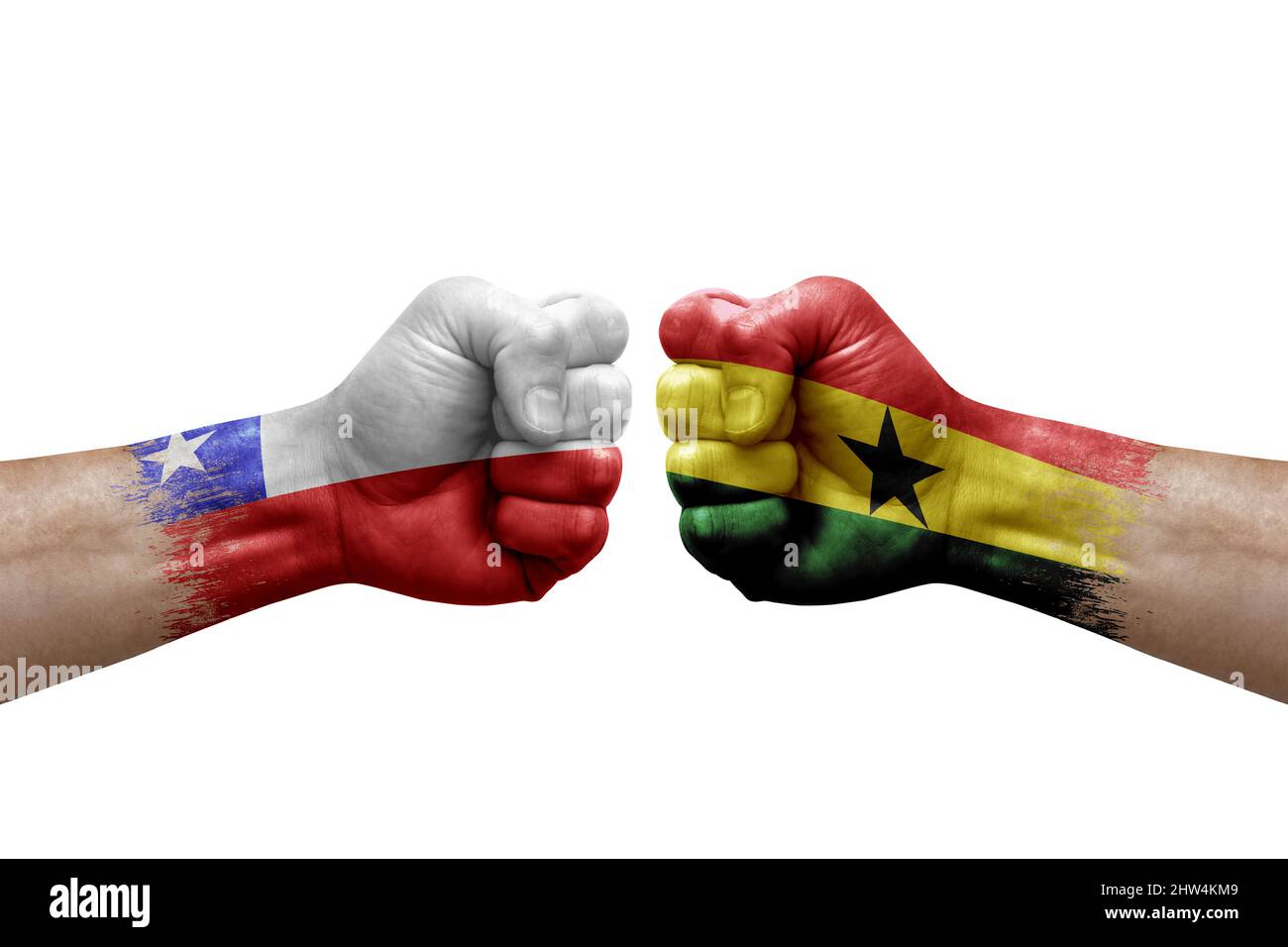 Two hands punch to each others on white background. Country flags ...