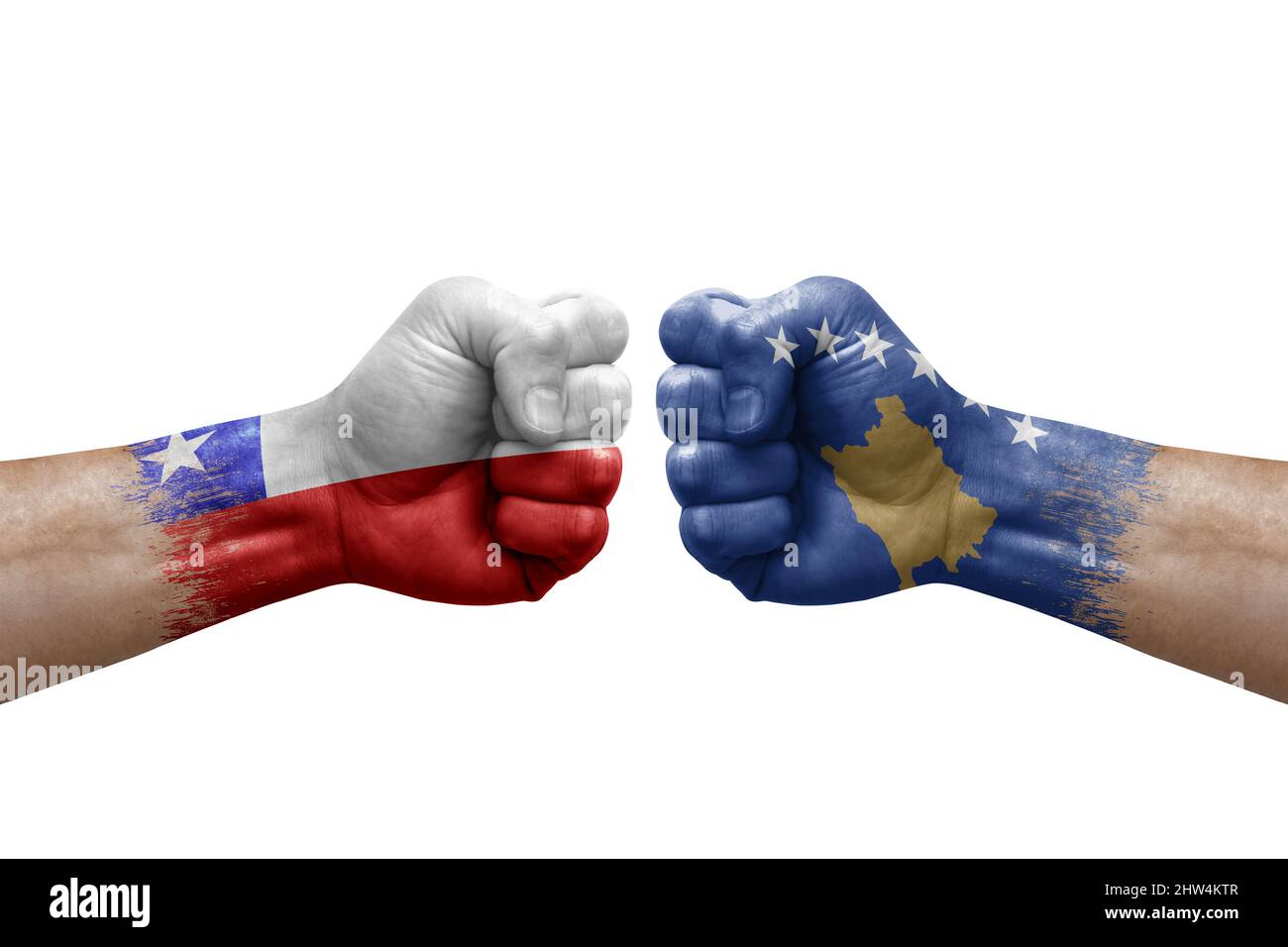 Two hands punch to each others on white background. Country flags ...