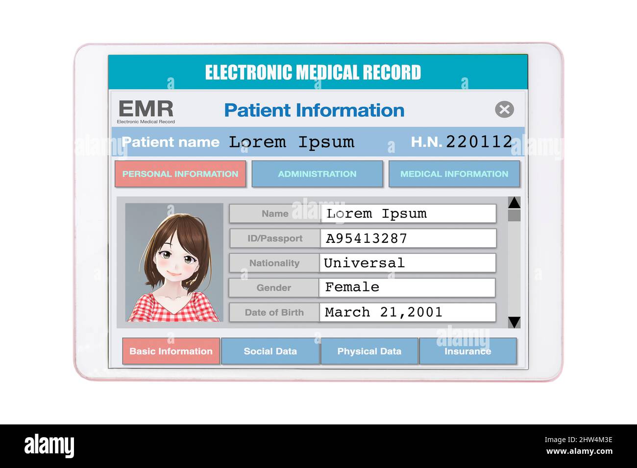 Cartoon image of female patient information from electronic medical ...