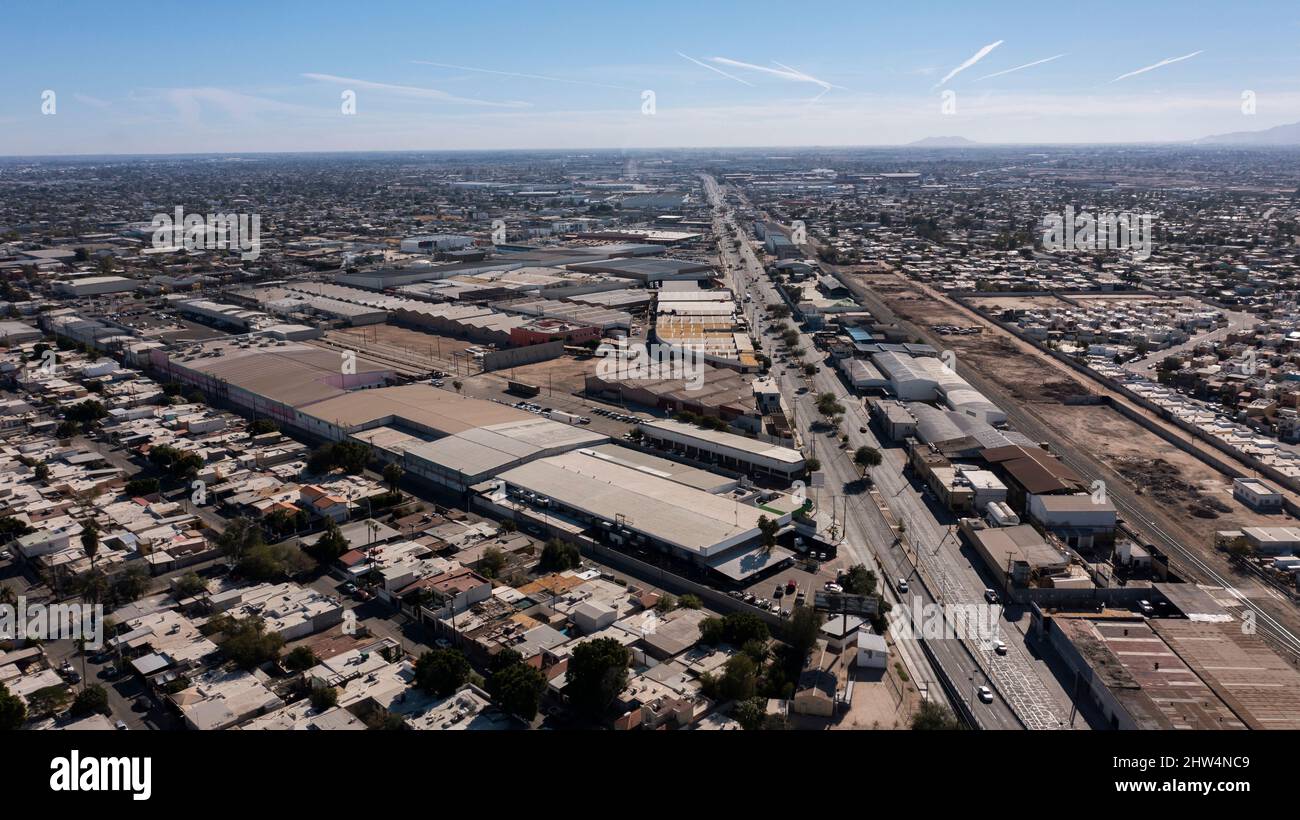 Daytime aerial view of factories and industry in the urban core of ...