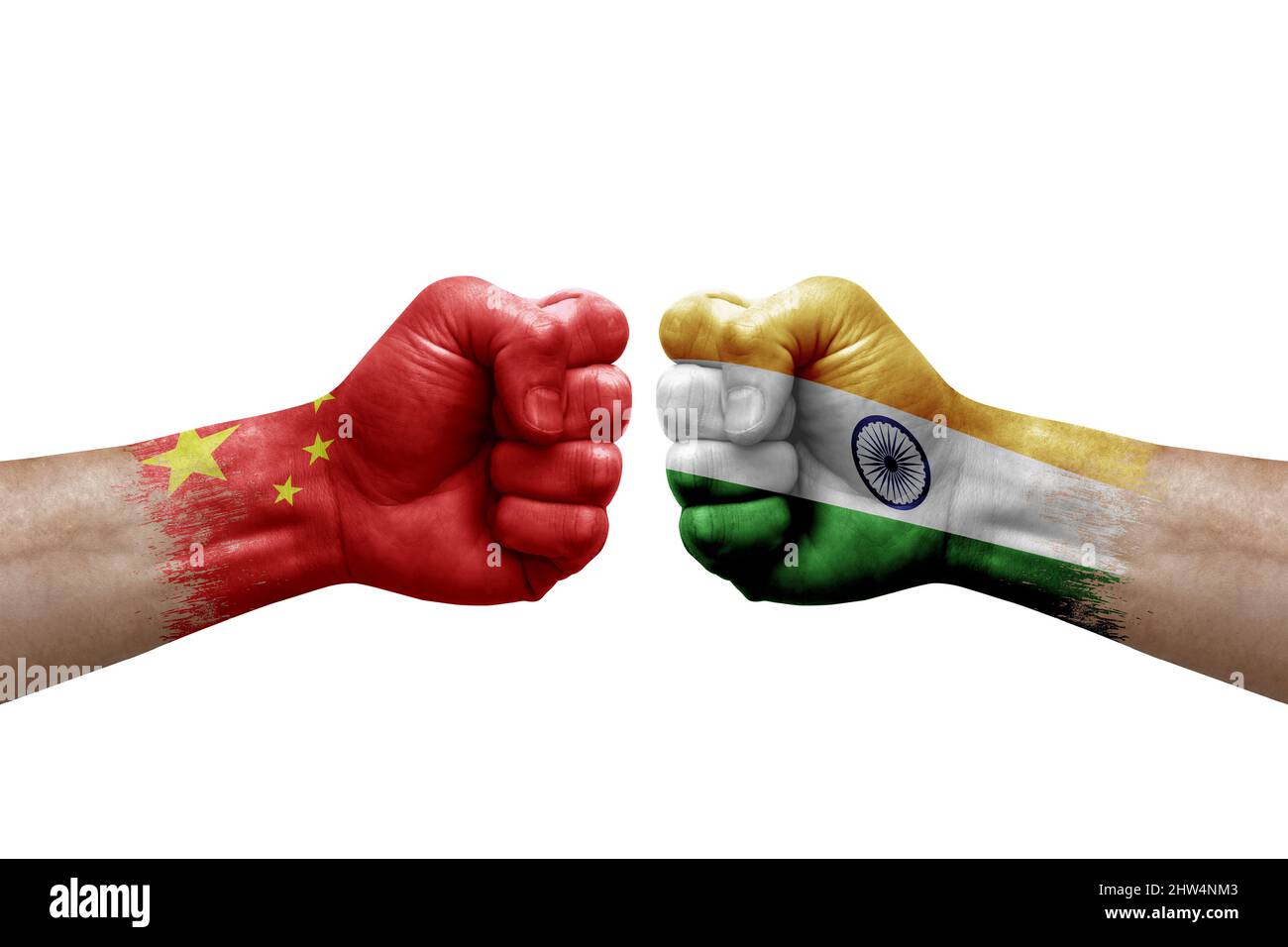 Two hands punch to each others on white background. Country flags ...