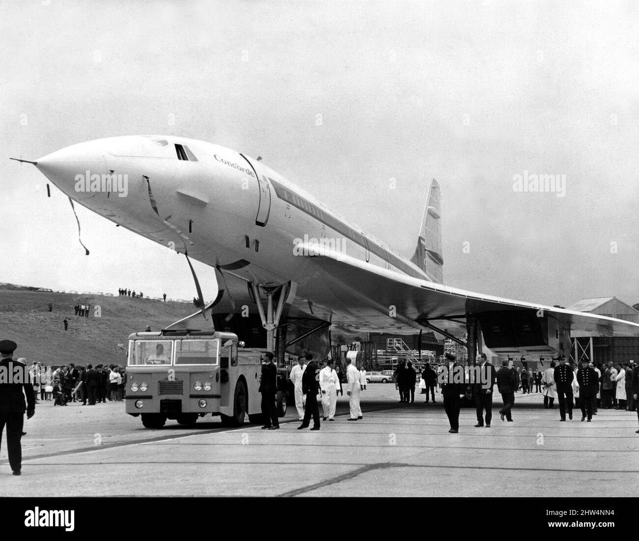 The British prototype Concorde 002 rolled out from the hanger in which ...