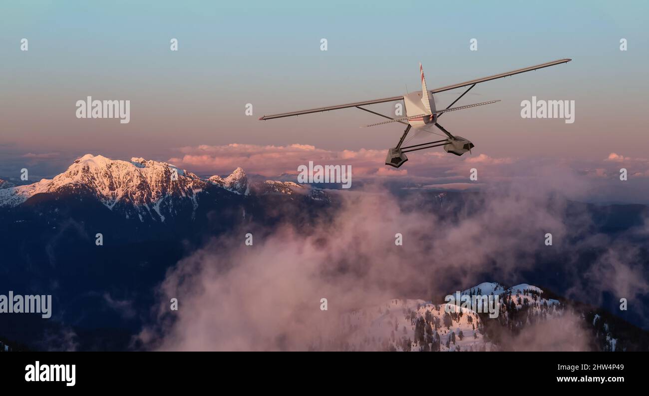Single Engine Seaplane Flying over the Rocky Mountain Landscape Stock ...