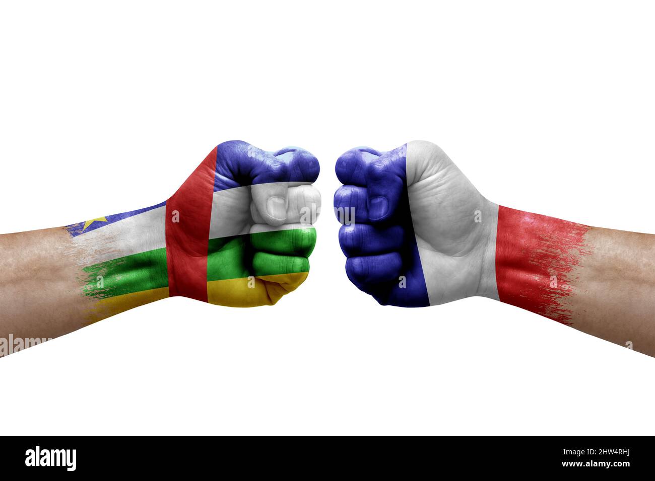 Two hands punch to each others on white background. Country flags ...