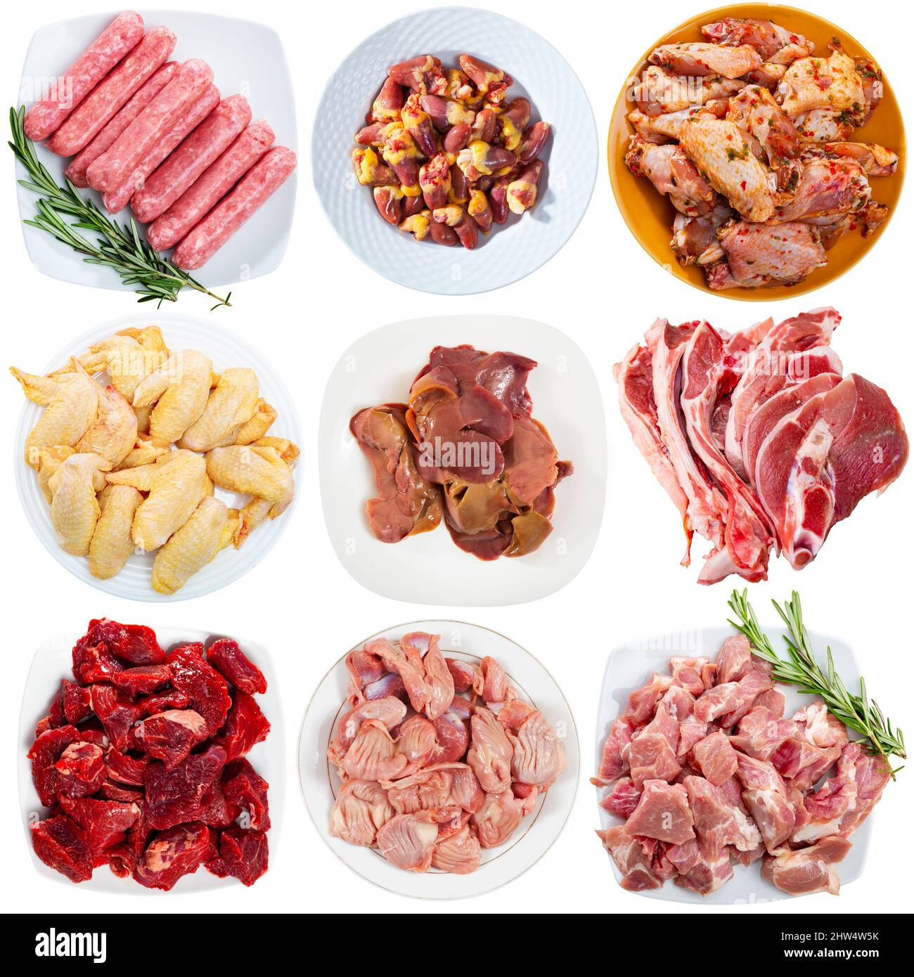 Various raw meat products isolated on white background Stock Photo - Alamy