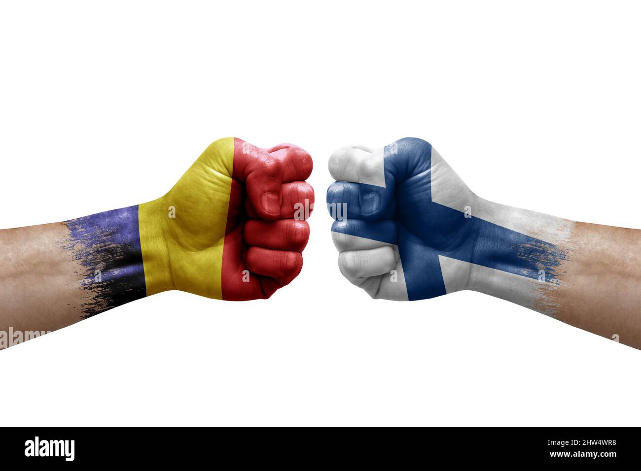 Two hands punch to each others on white background. Country flags ...