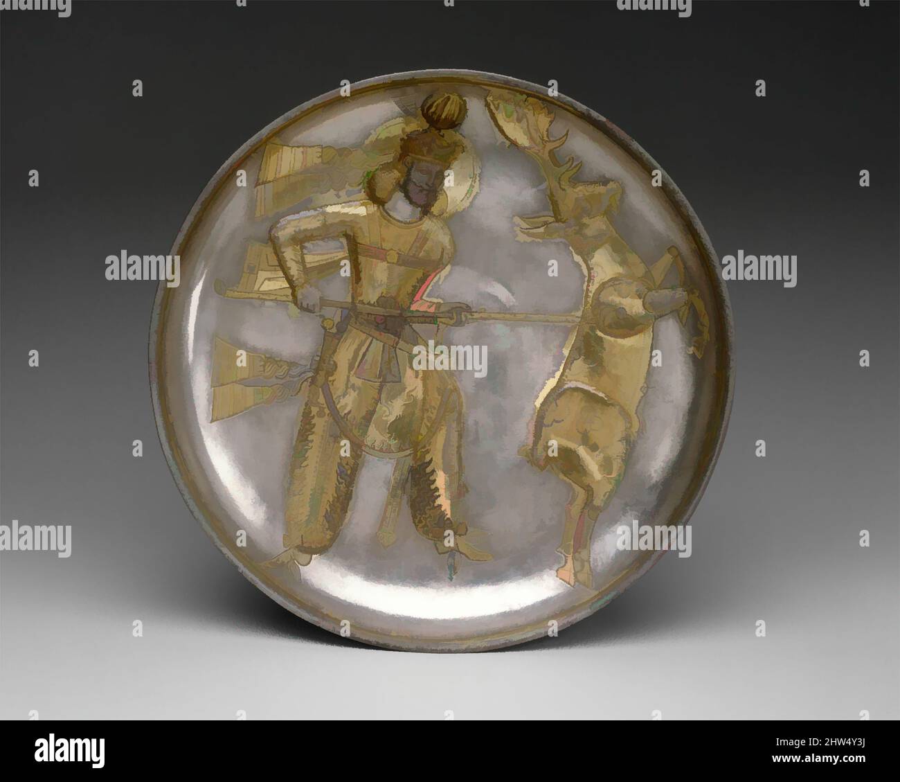 Art inspired by Plate: the king Yazdgard I, slaying a stag, Sasanian ...