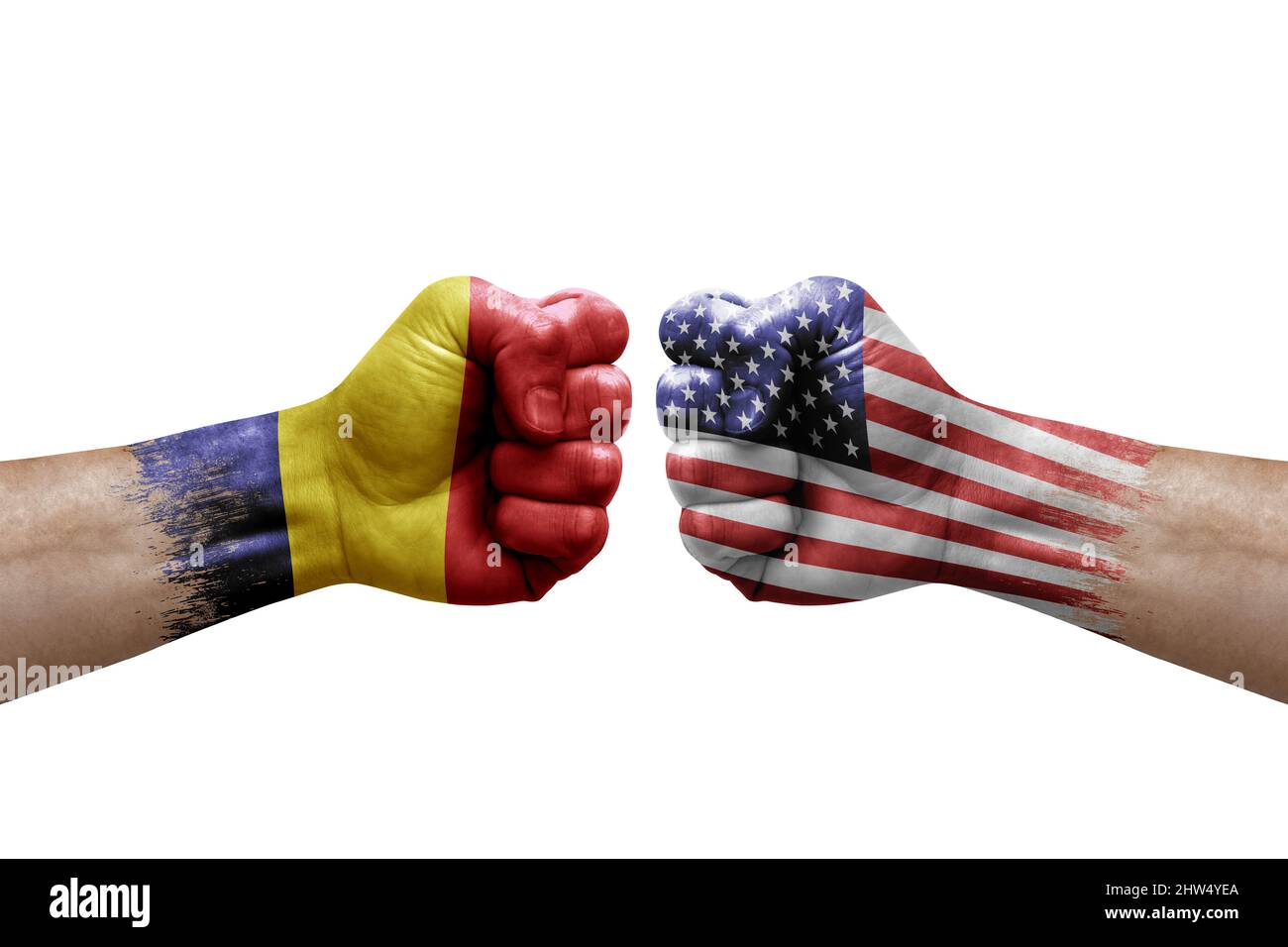 Two hands punch to each others on white background. Country flags ...