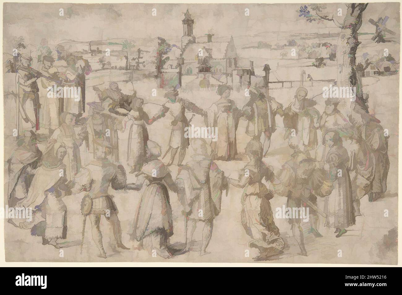 Art inspired by A Country Dance, ca. 1520, Pen and brown and black ink, traces of black chalk, 7 ...