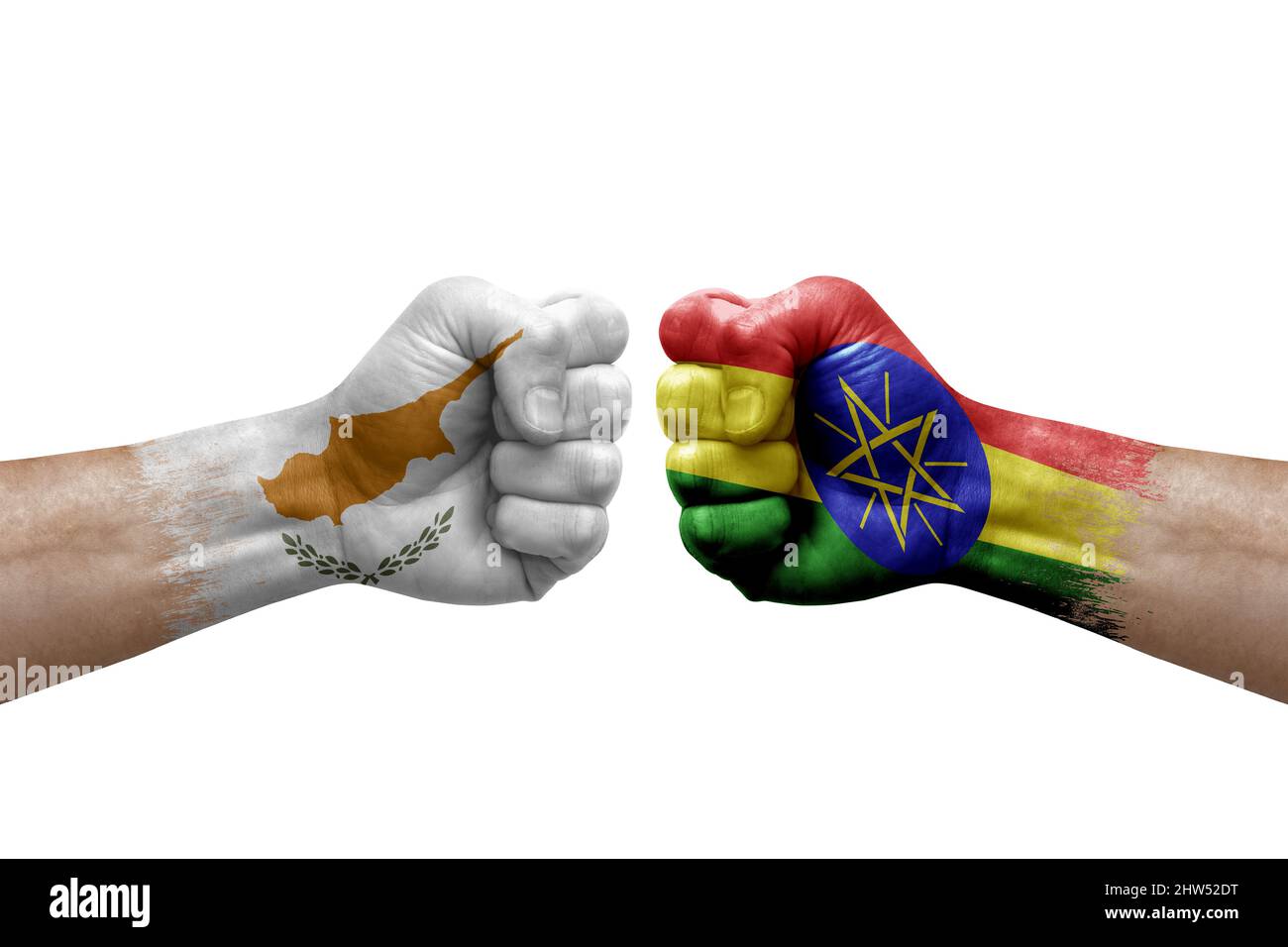 Two hands punch to each others on white background. Country flags ...