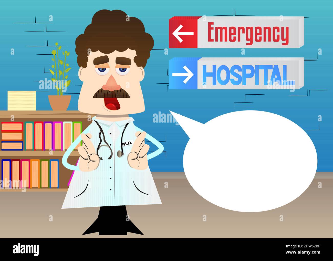Funny cartoon doctor crossing his fingers and wishing for good luck ...