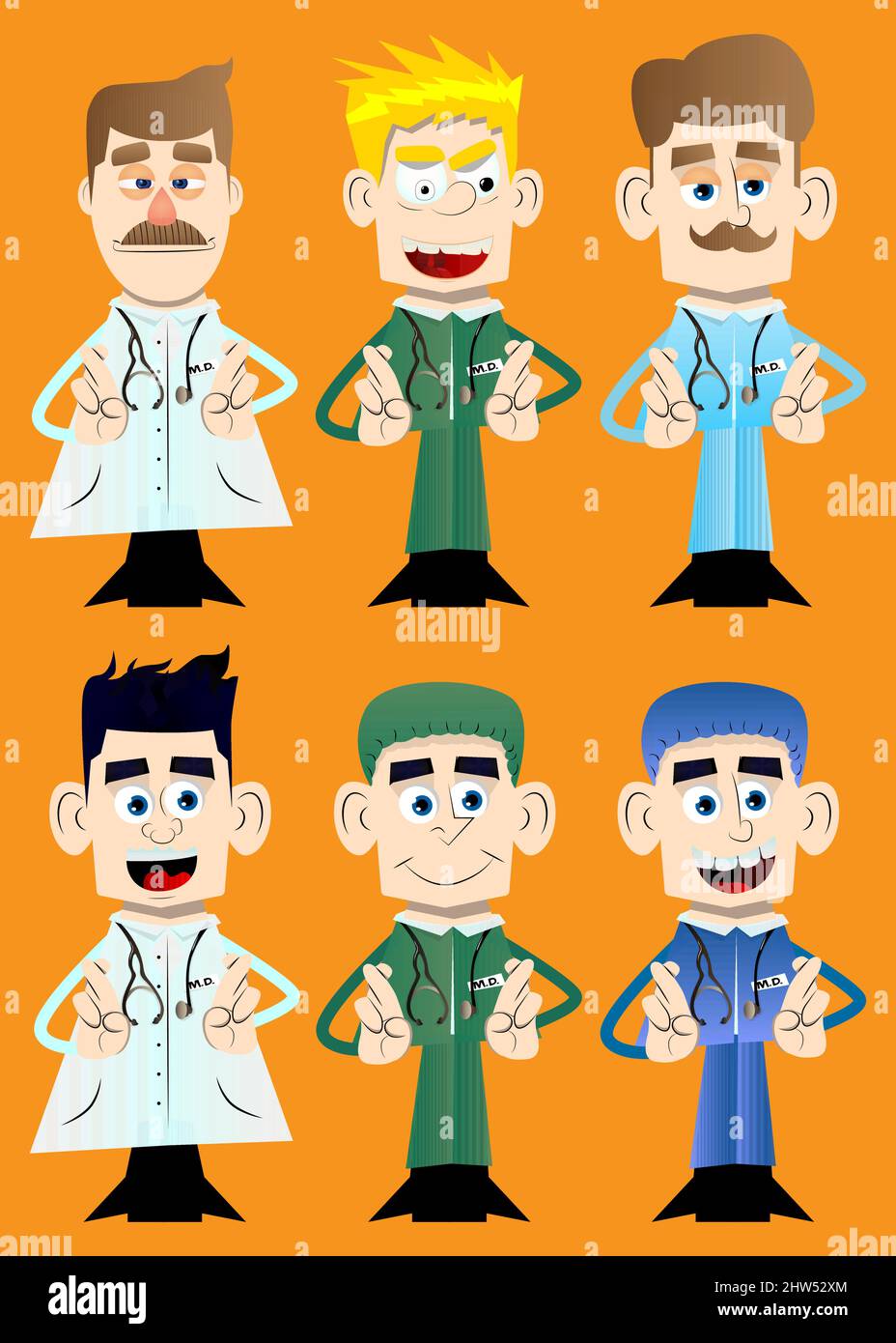 Funny cartoon doctor crossing his fingers and wishing for good luck ...