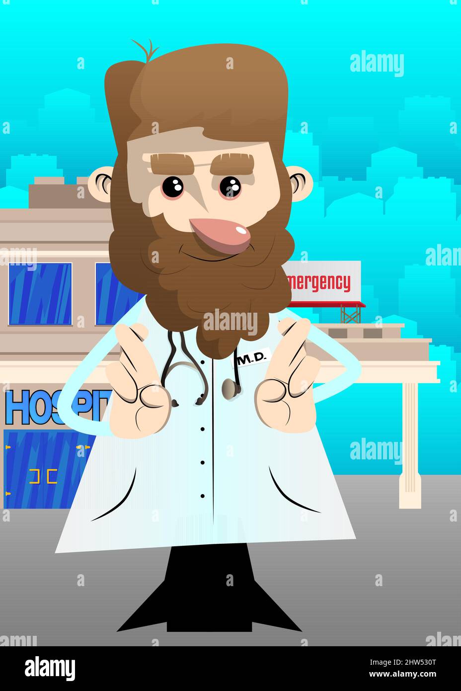 Funny cartoon doctor crossing his fingers and wishing for good luck ...