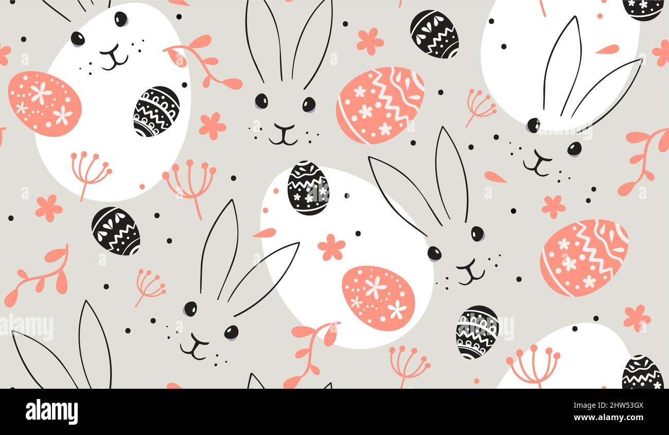 Bunny seamless pattern. Rabbit face and Easter Egg small flowers ...
