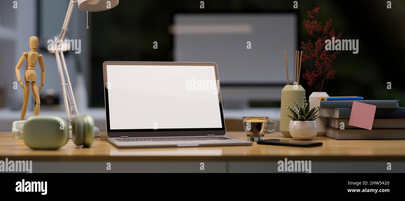 Modern office workspace with portable notebook laptop white screen ...