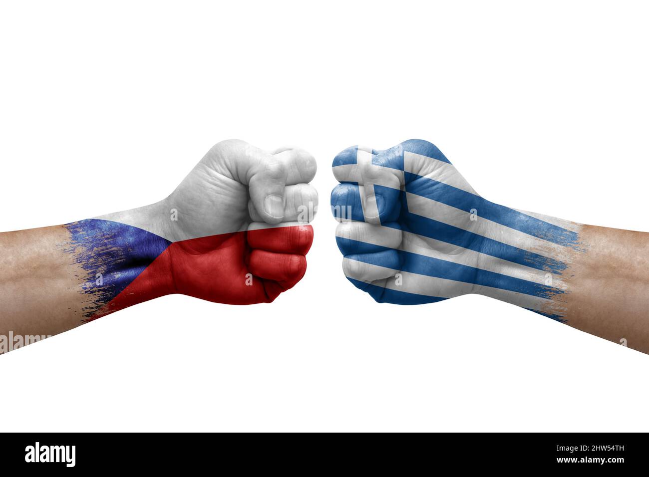 Two hands punch to each others on white background. Country flags ...