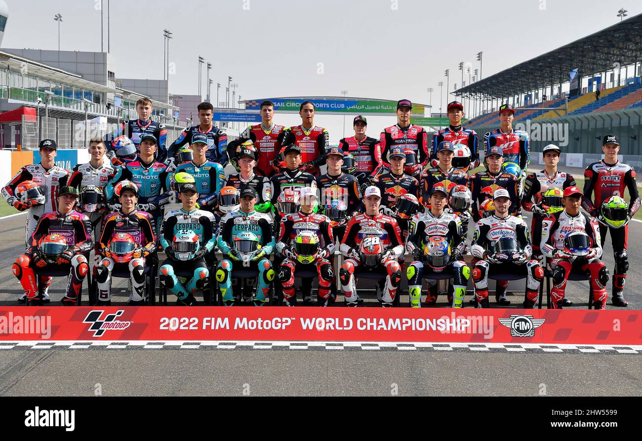 Doha. 3rd Mar, 2022. Moto3 riders pose during a photo session at the ...