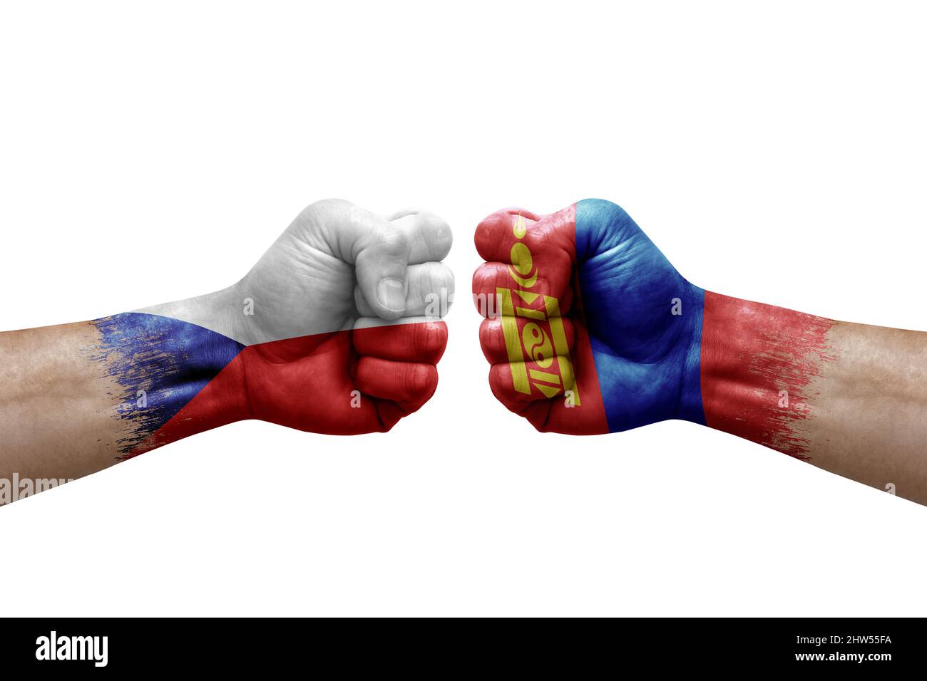 Two hands punch to each others on white background. Country flags ...