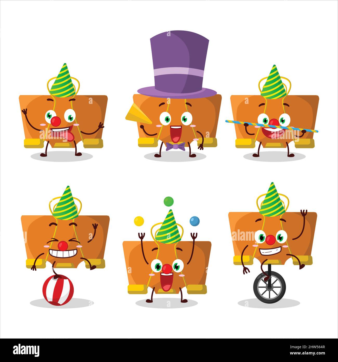 Cartoon character of orange binder clip with various circus shows ...