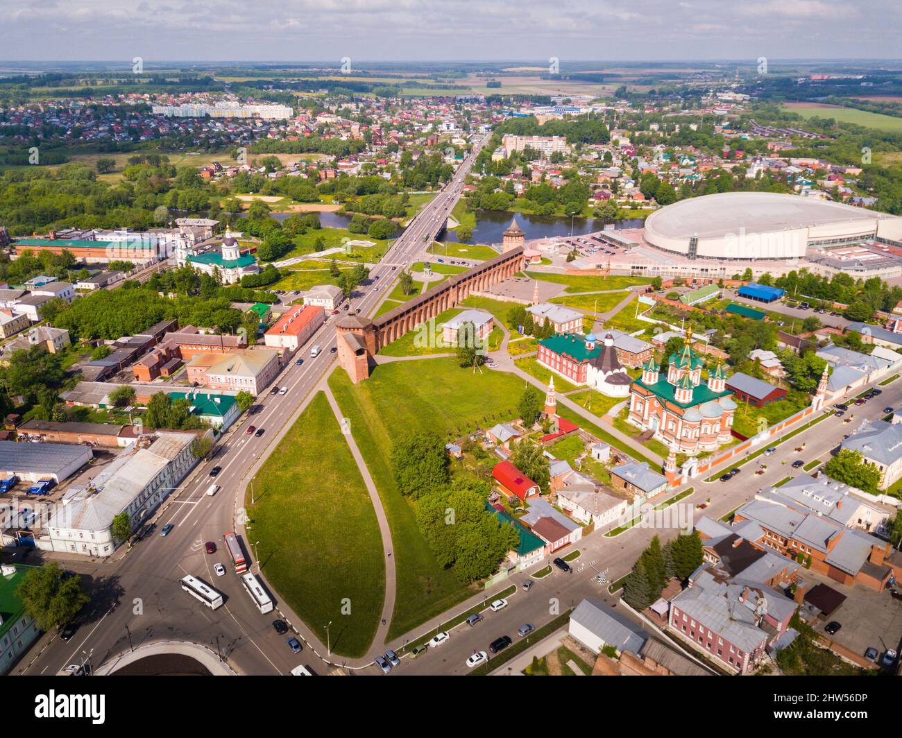 Aerial view of Kolomna with Kremlin and Speed Skating Center Stock ...