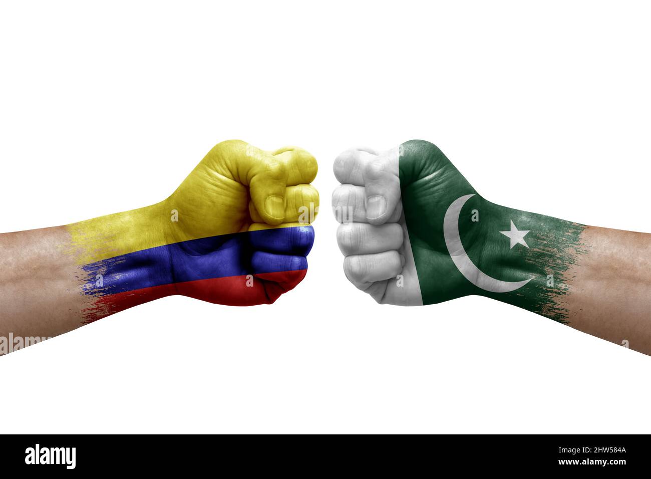 Two hands punch to each others on white background. Country flags ...