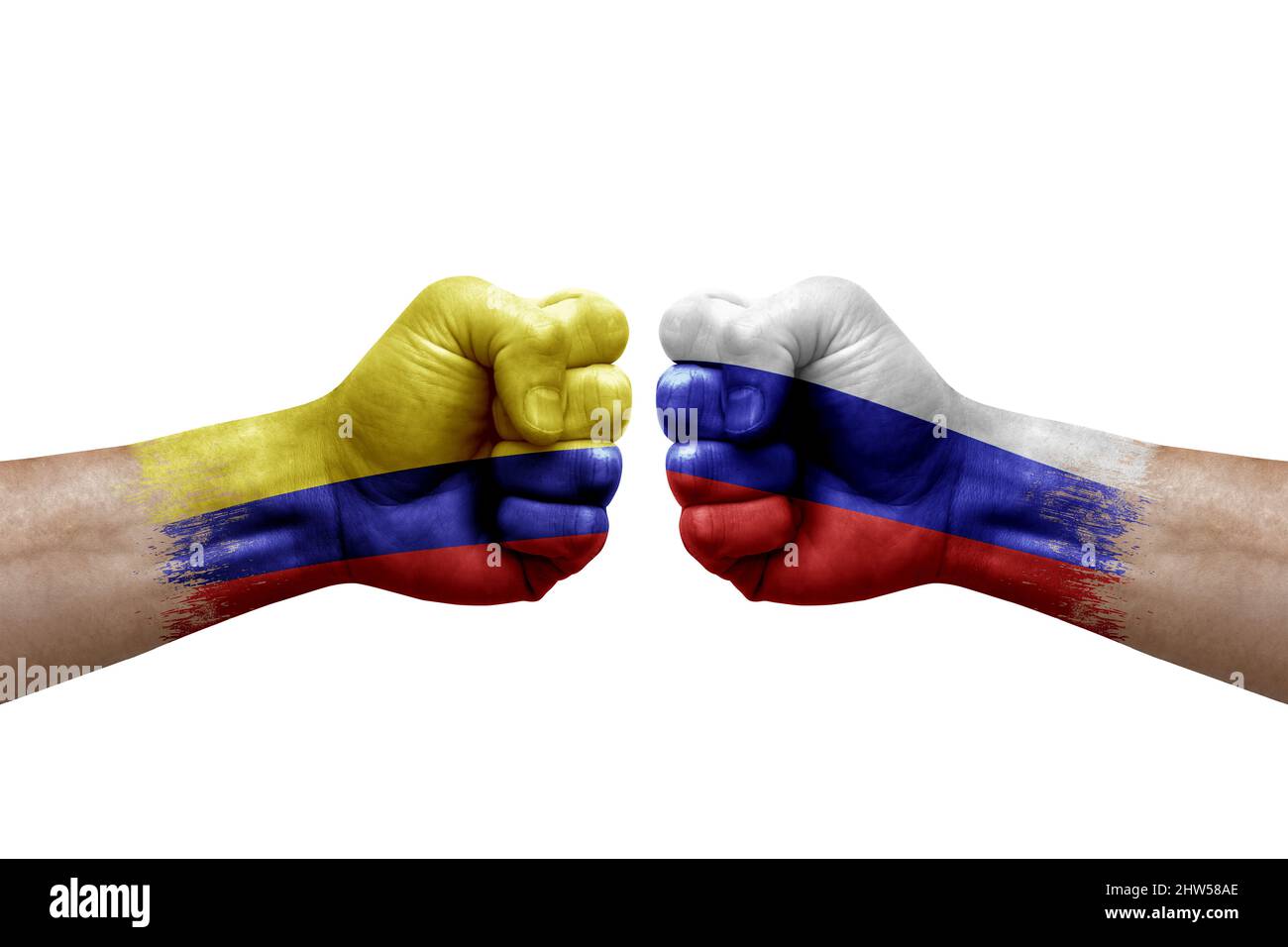 Two hands punch to each others on white background. Country flags ...