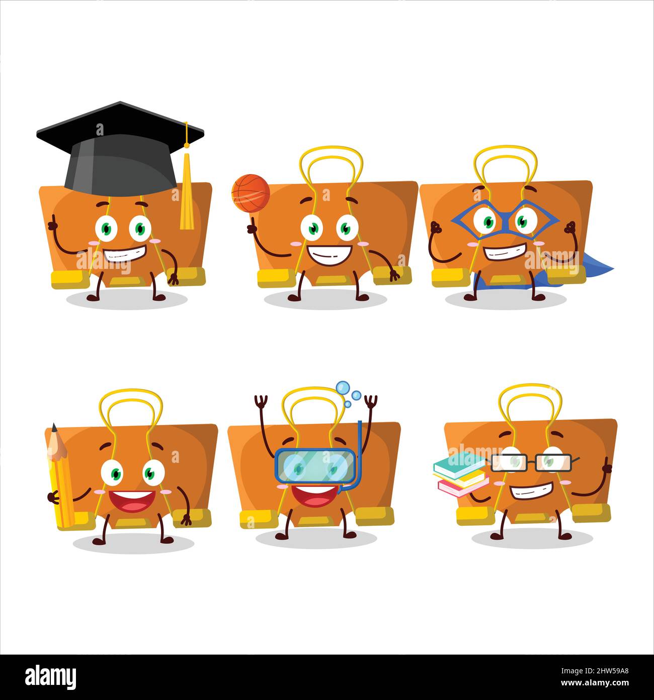 School student of orange binder clip cartoon character with various ...
