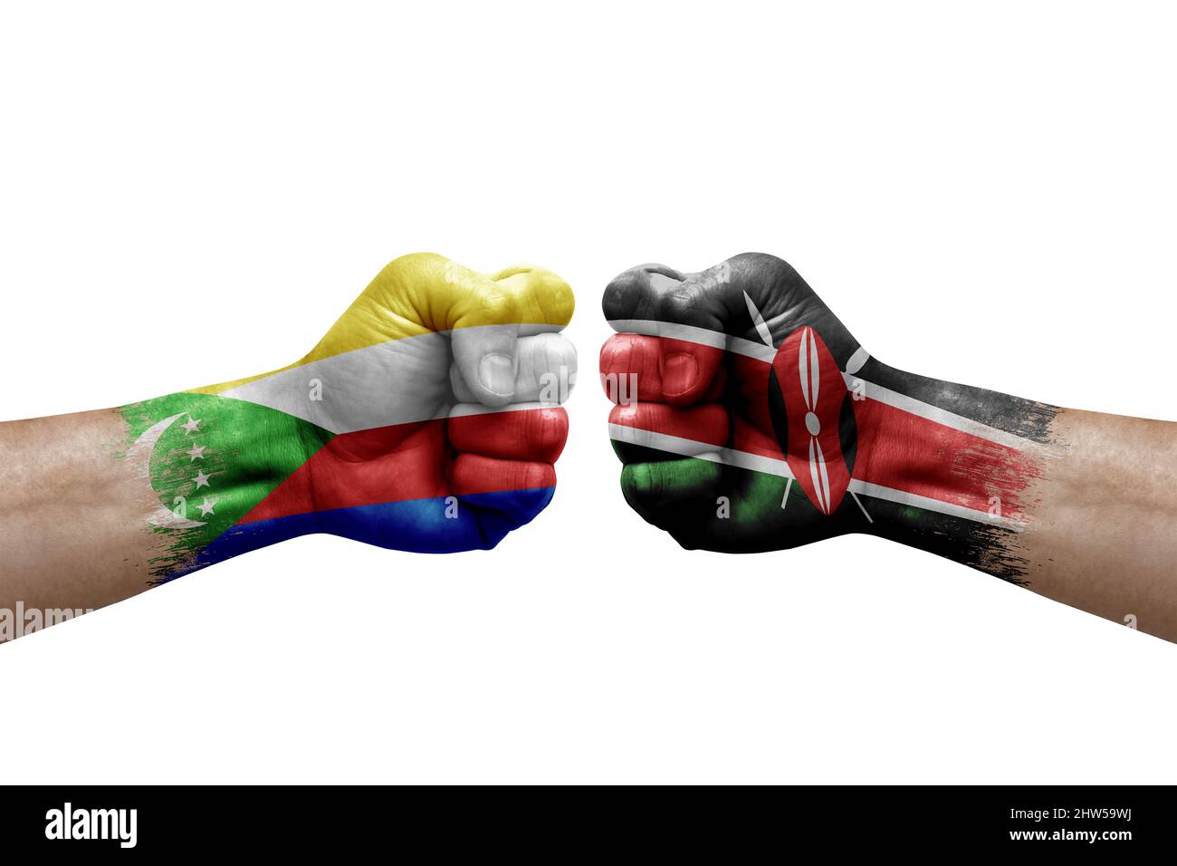 Two hands punch to each others on white background. Country flags ...