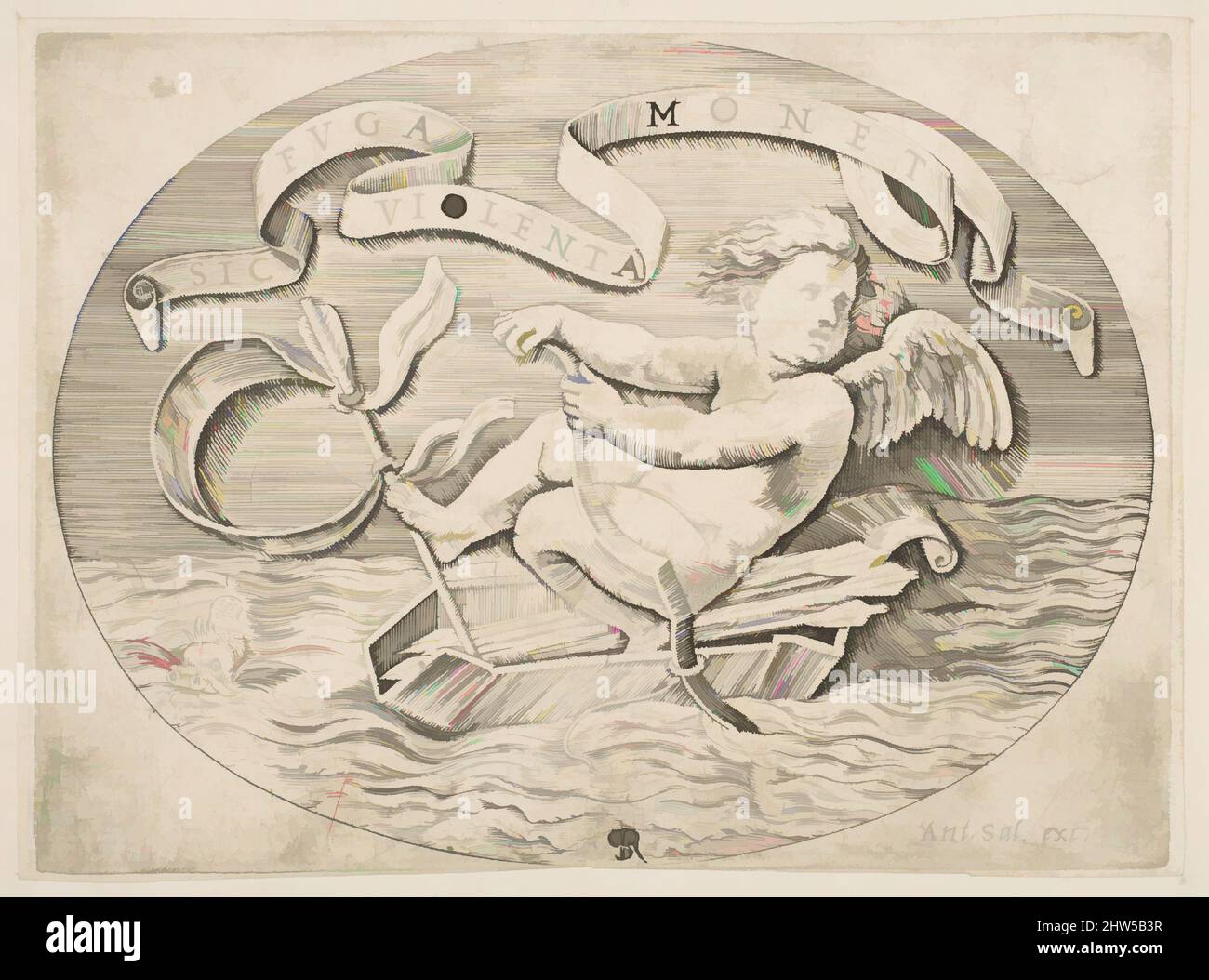 Art inspired by Eros Escaping by Sea; Cupid using his bow to propel a ...