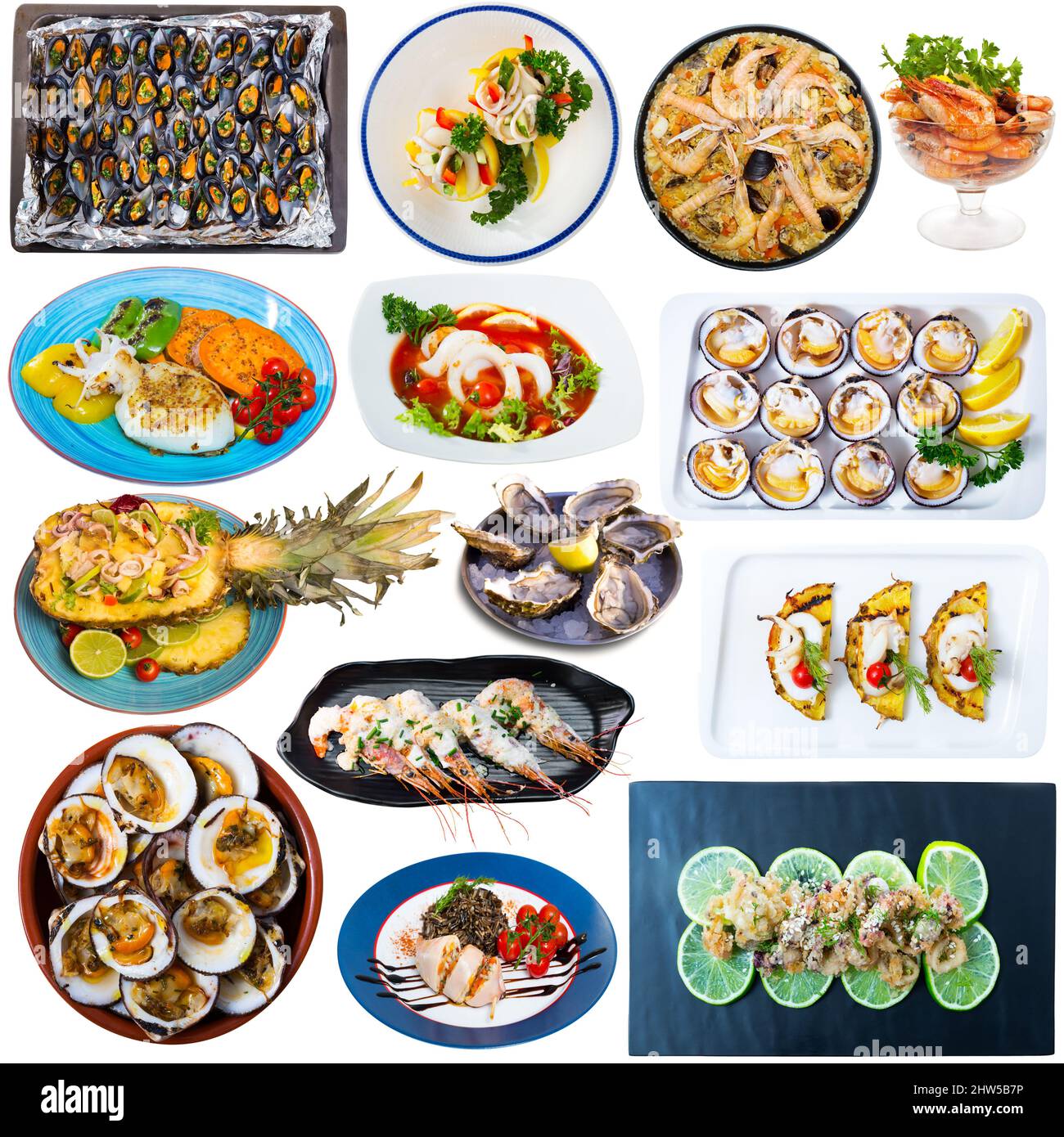 Set of assorted seafood dishes Stock Photo - Alamy