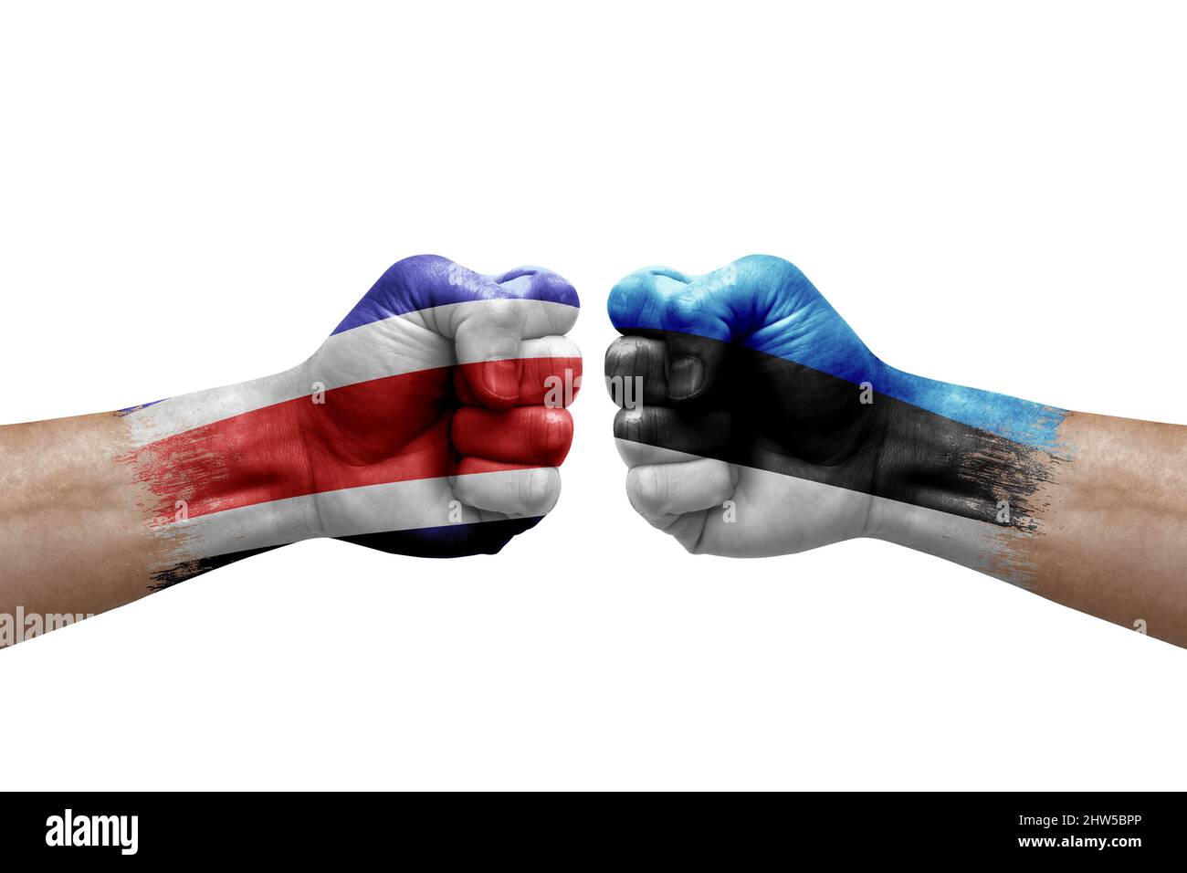 Two hands punch to each others on white background. Country flags ...