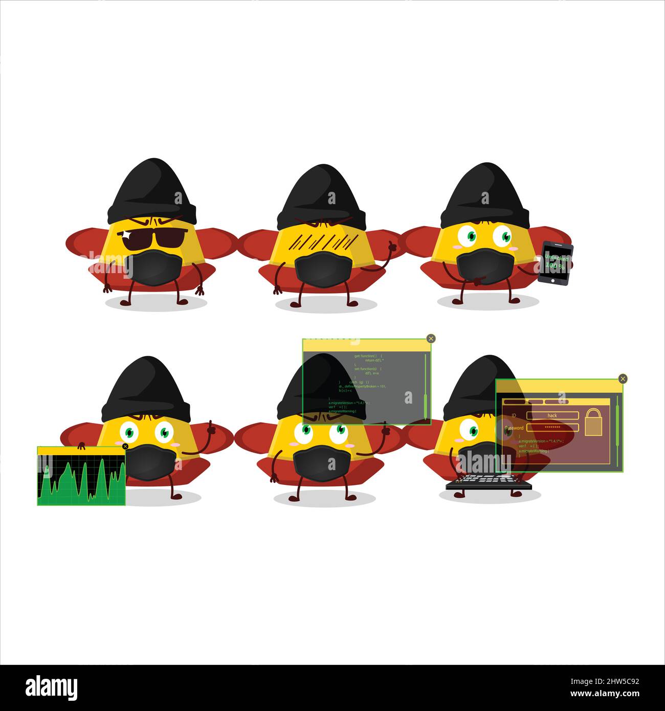 A Hacker yellow chinese hat character mascot with. Vector illustration ...