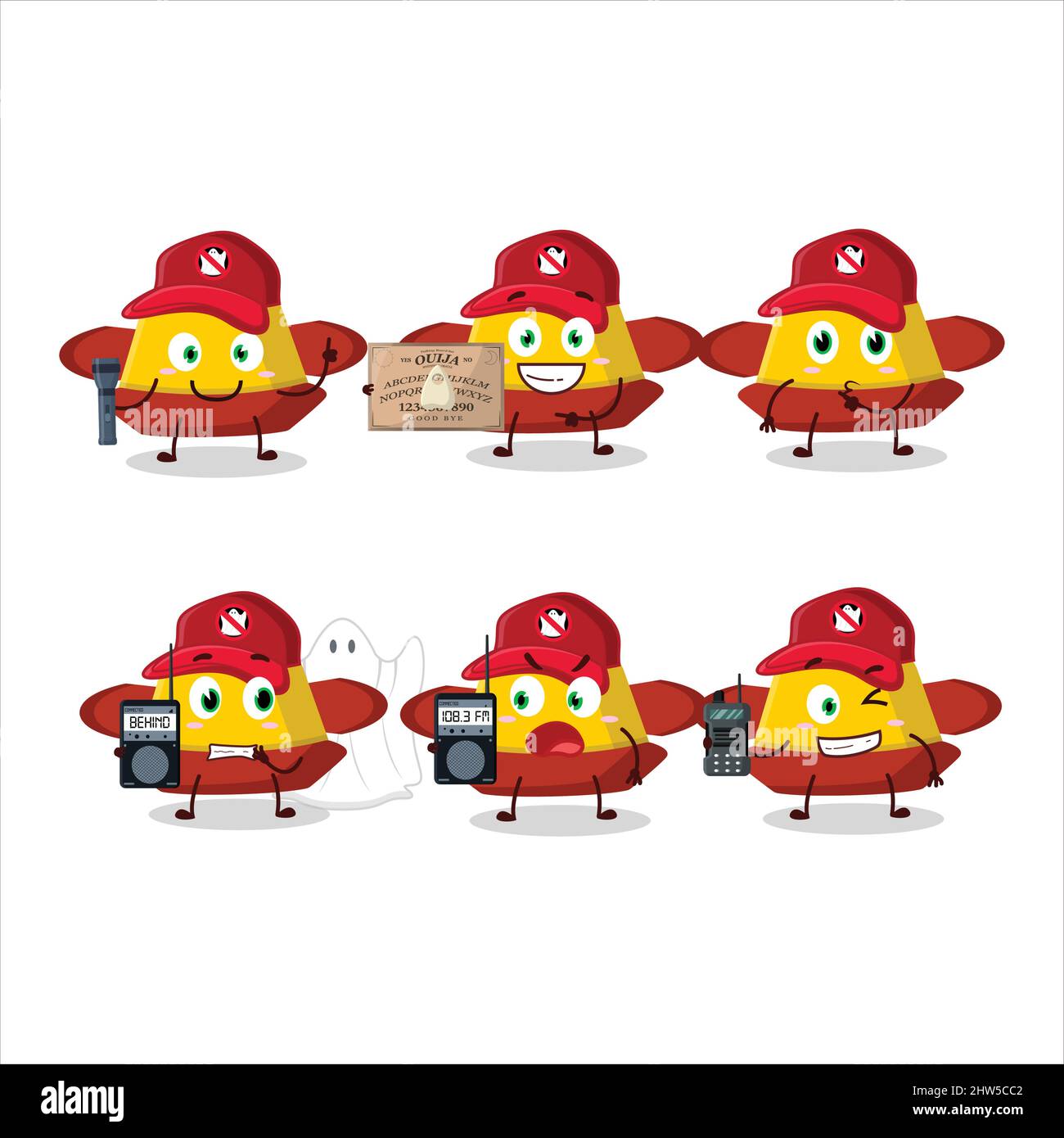 Ghost hunter cartoon yellow chinese hat character using camera. Vector ...