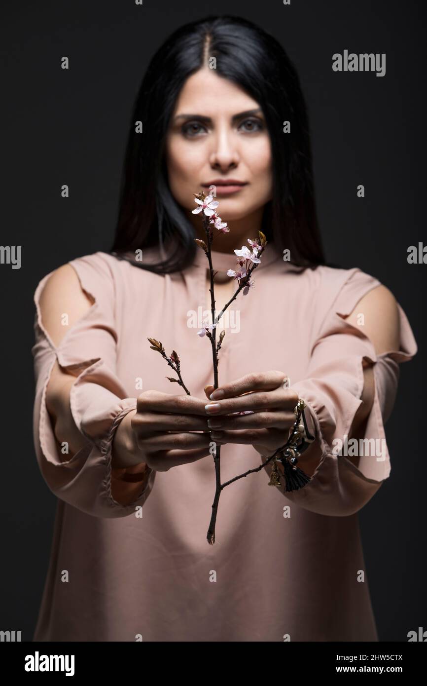 Studio portrait of woman holding blooming twig Stock Photo - Alamy