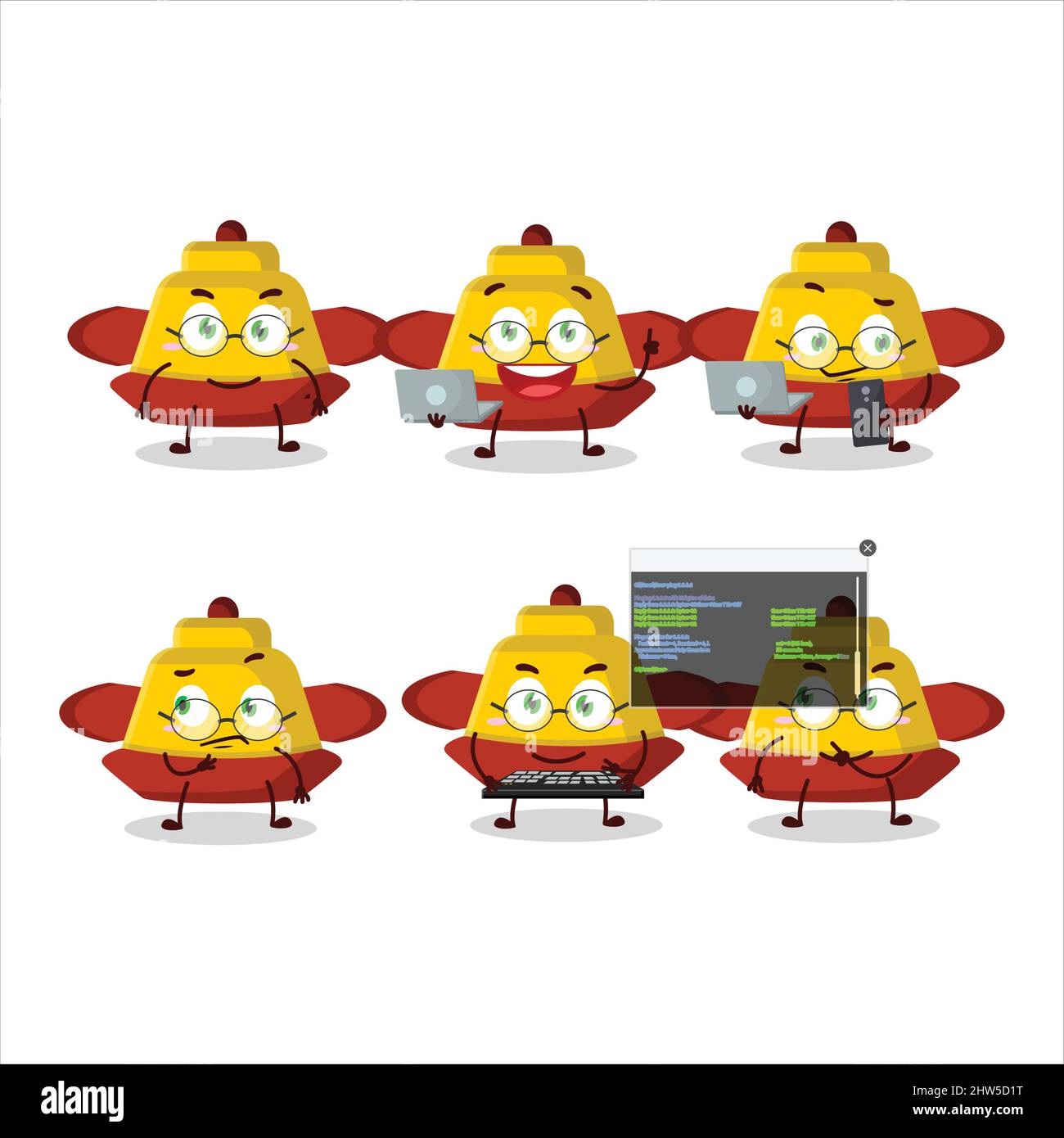 Yellow chinese hat Programmer cute cartoon character with. Vector ...