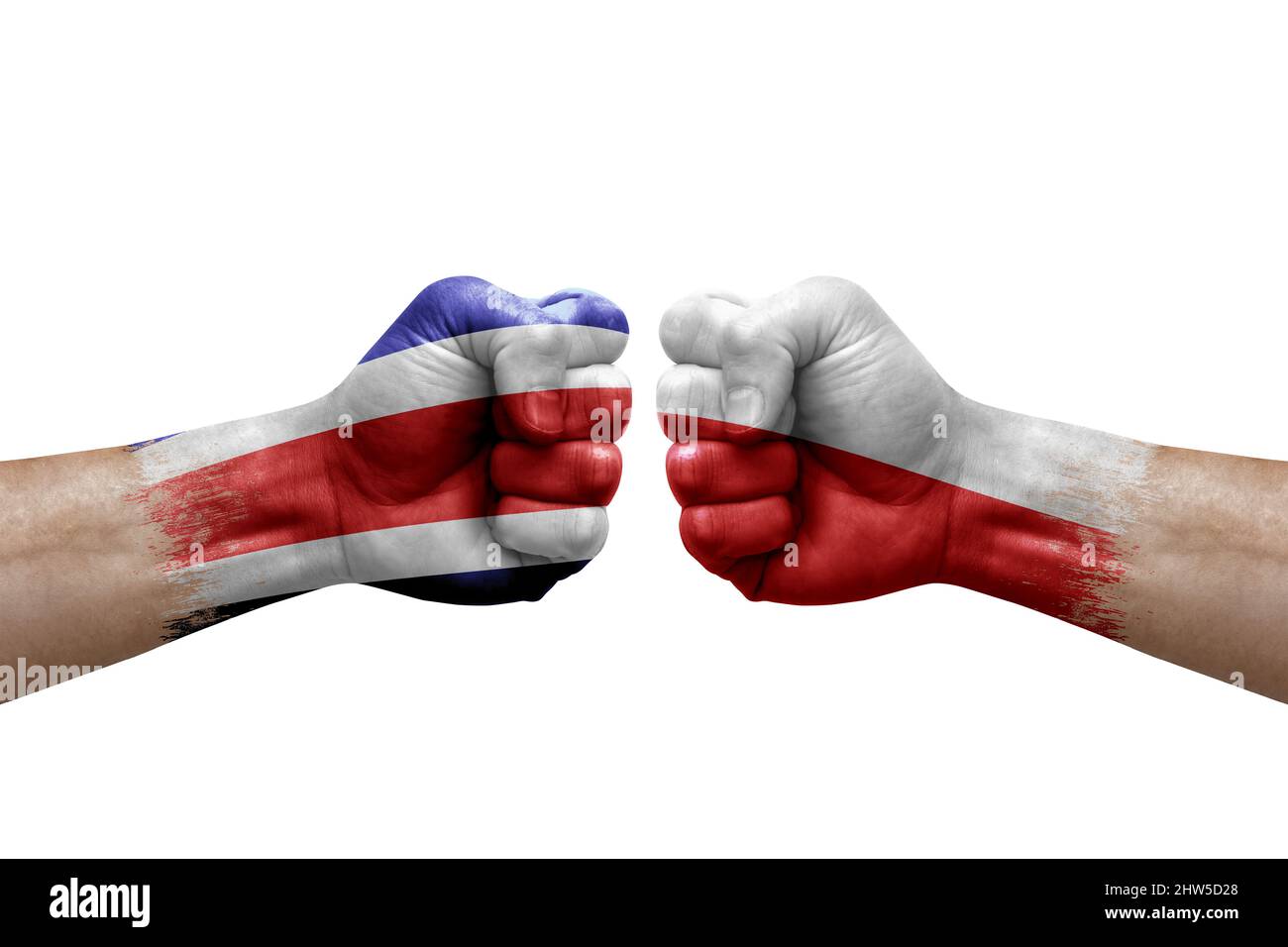 Two hands punch to each others on white background. Country flags ...