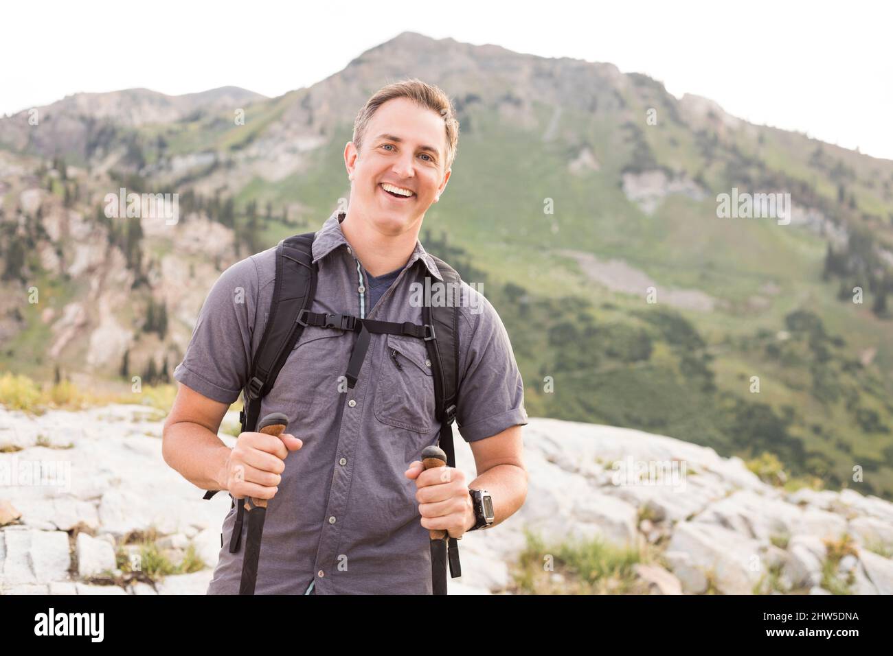 United States, Utah, Alpine, Portrait of smiling male hiker Stock Photo ...