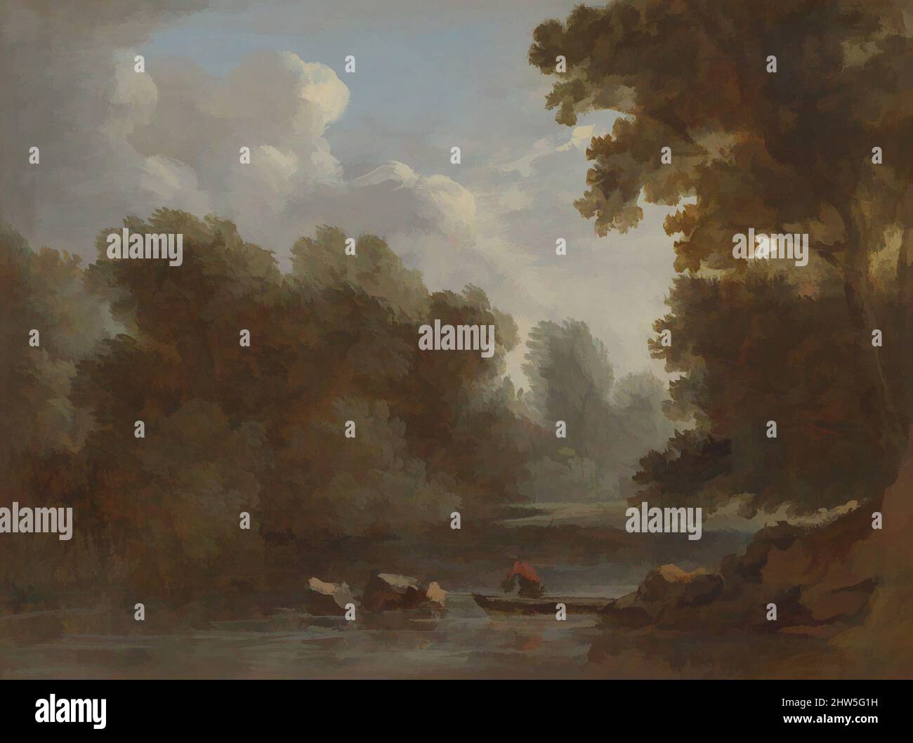 Art inspired by A Wooded River Landscape with a Fisherman in a Boat ...