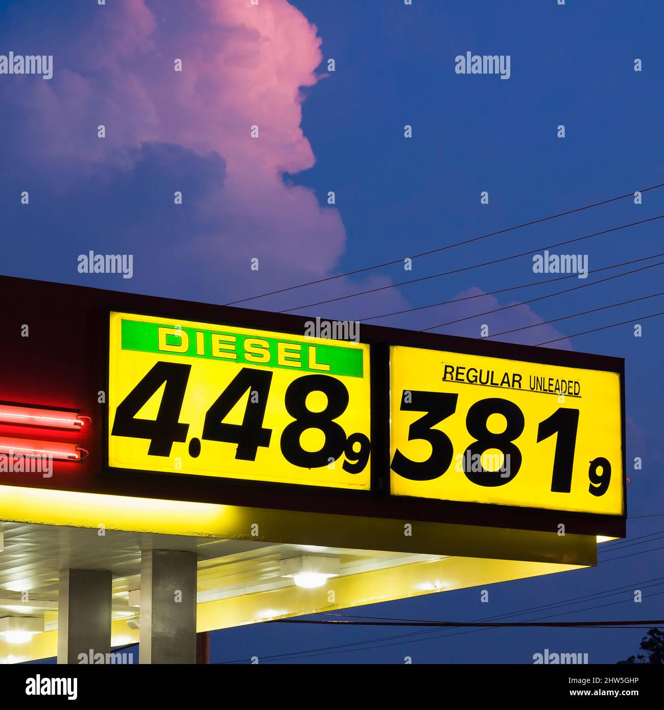 United States, Virginia, Norfolk, Commercial sign with fuel prices ...