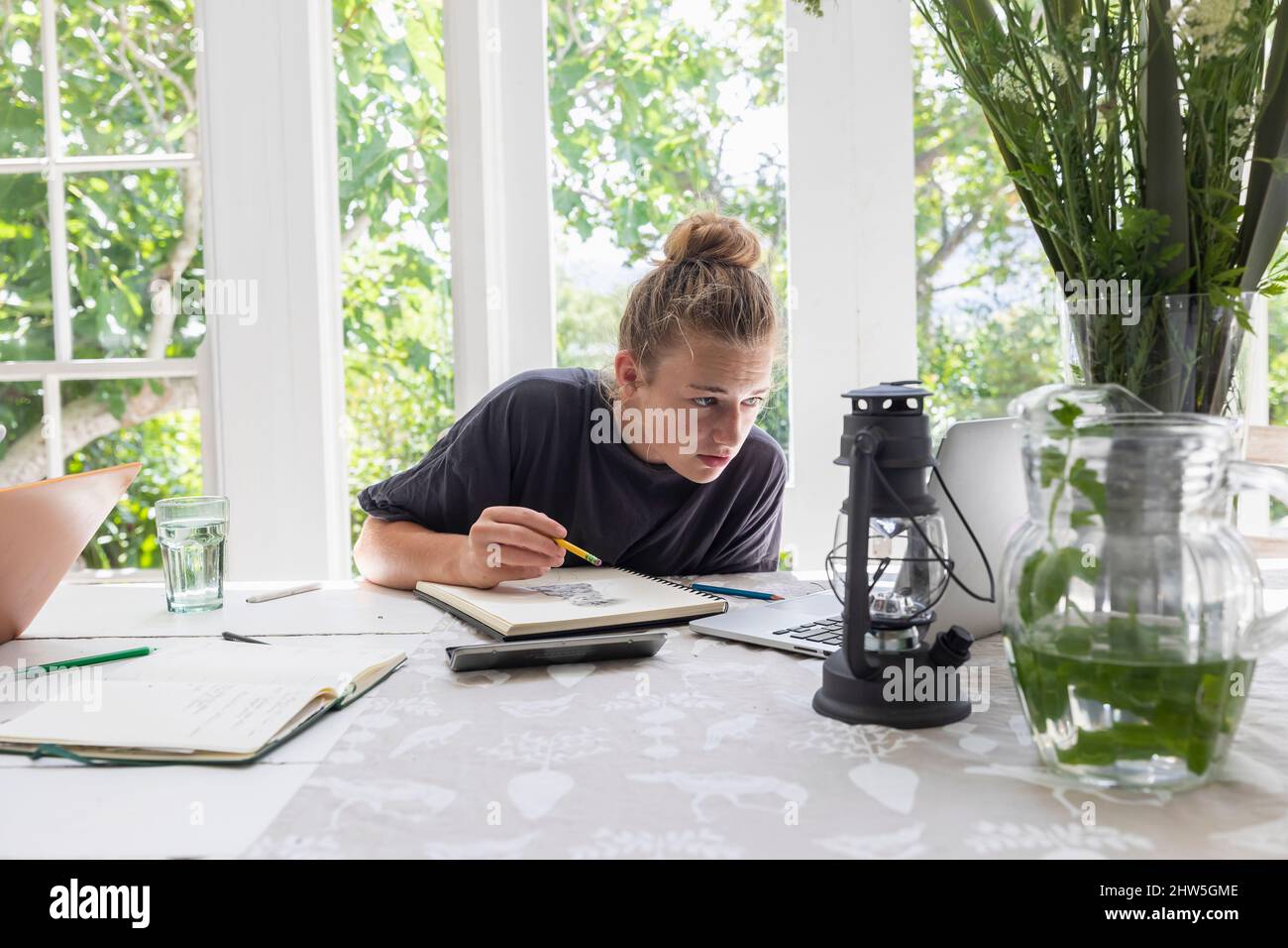 Teenage girl (16-17) drawing in sketch pad Stock Photo - Alamy