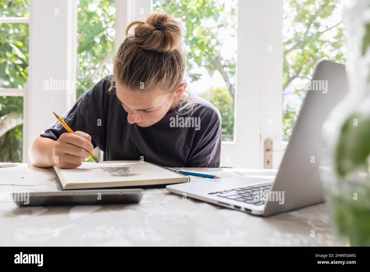 Teenage girl (16-17) drawing in sketch pad Stock Photo - Alamy