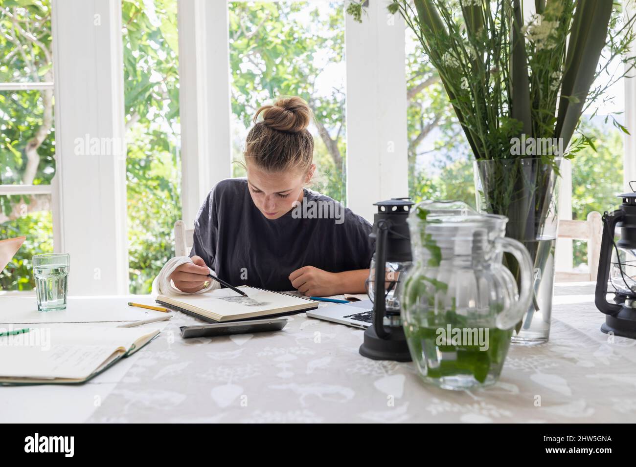 Teenage girl (16-17) drawing in sketch pad Stock Photo - Alamy